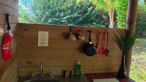 Uma cozinha de madeira com uma pia, utensílios pendurados e um vaso com planta.