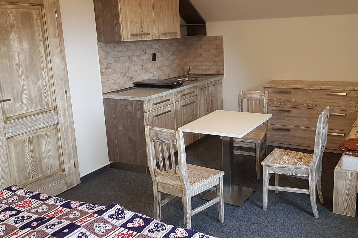 Apartamento Comfort, varanda | Cozinha privada | Uma cafeteira/bule, um frigorífico, um forno, uma placa de cozinha