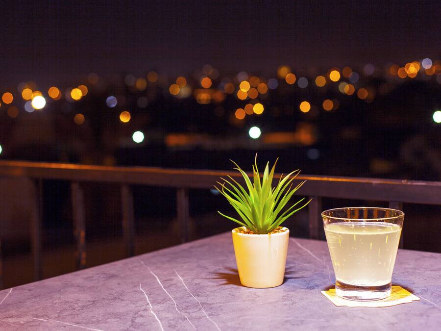 Uma mesa com uma planta em vaso e um copo de água numa varanda com vista para a cidade à noite.