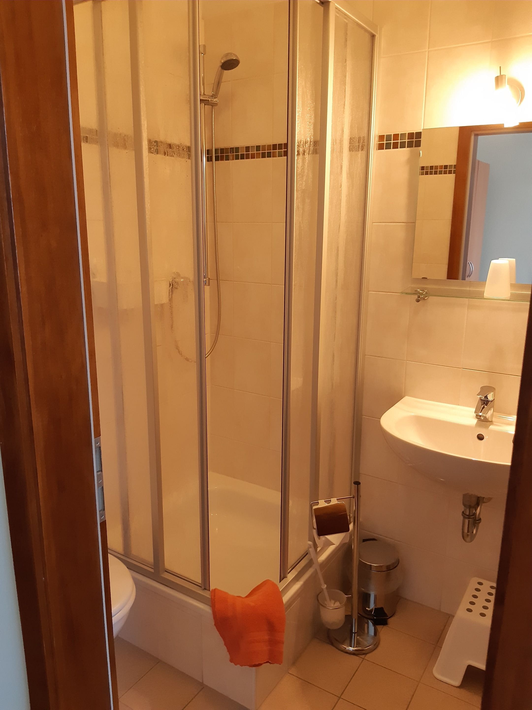 Casa de banho com chuveiro em cabine de vidro, lavatório branco e sanita.