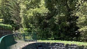 Uma fonte com águas claras, uma parede de pedra e um corrimão de metal.