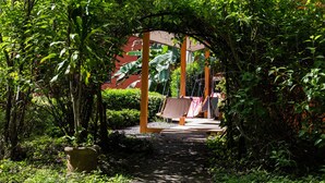 Caminho sob um arco verde, com um banco de pedra e uma rede pendurada.