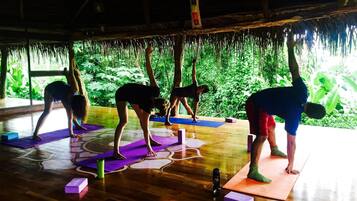 Aula de yoga numa sala com soalho de madeira e grandes janelas, permitindo a entrada de luz natural.