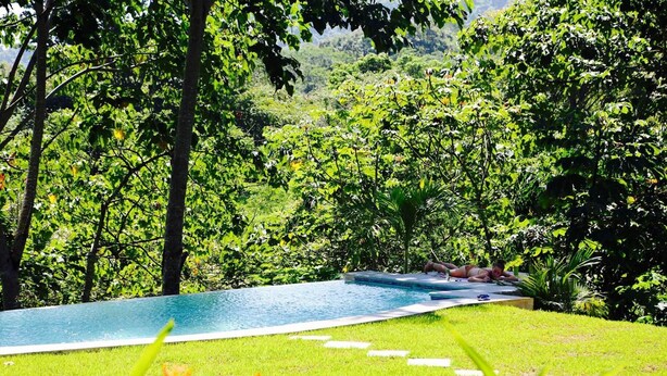 Piscina com área gramada e árvores ao fundo.