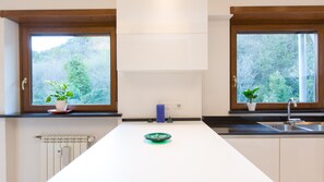 Cozinha moderna com duas janelas, uma ilha central e vista para árvores.