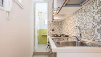 Estúdio panorâmico | Cozinha privada | Geladeira grande, fogão, cooktop, talheres/pratos/utensílios de cozinha