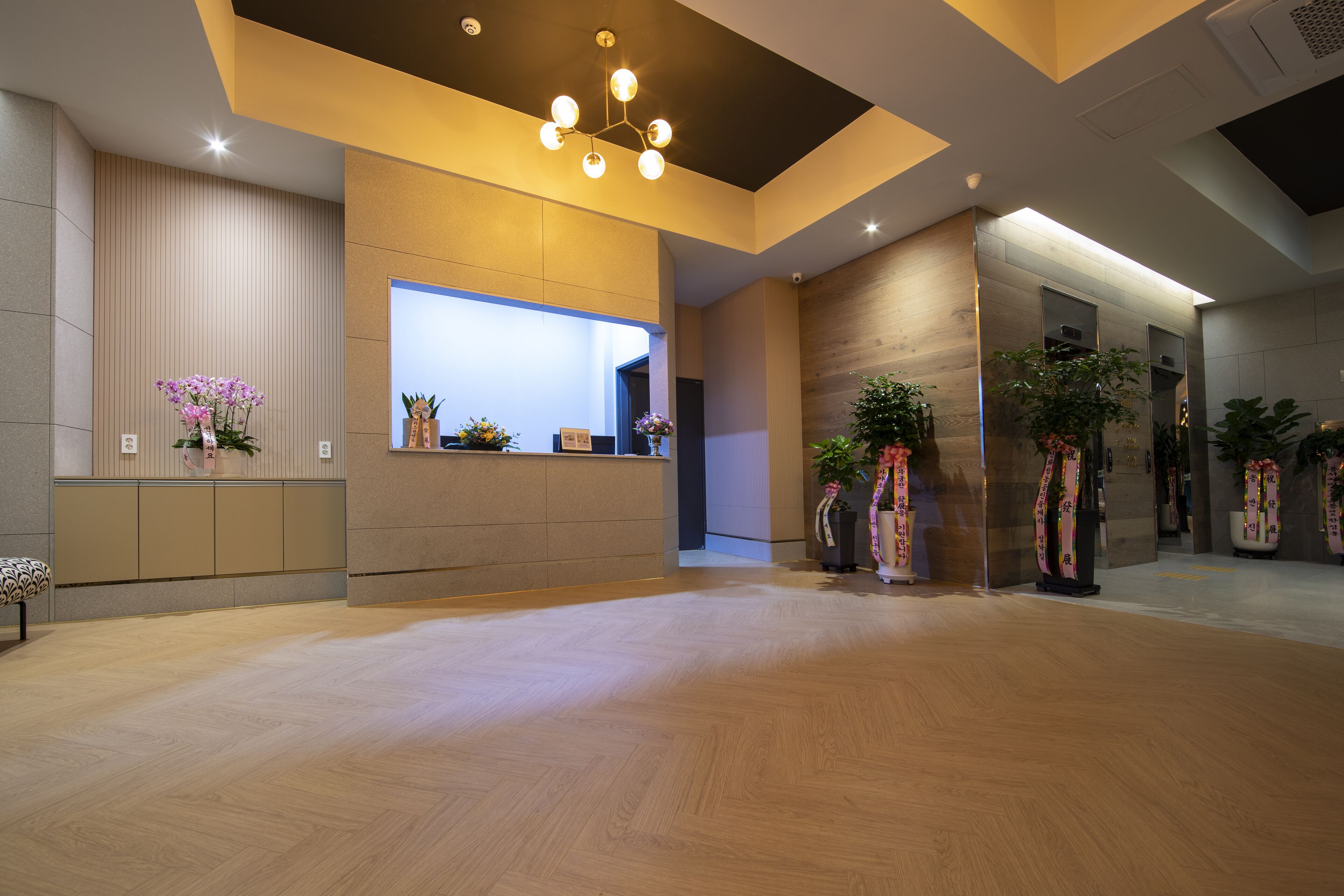 Um hall amplo com balcão de recepção, piso de madeira e plantas decorativas.
