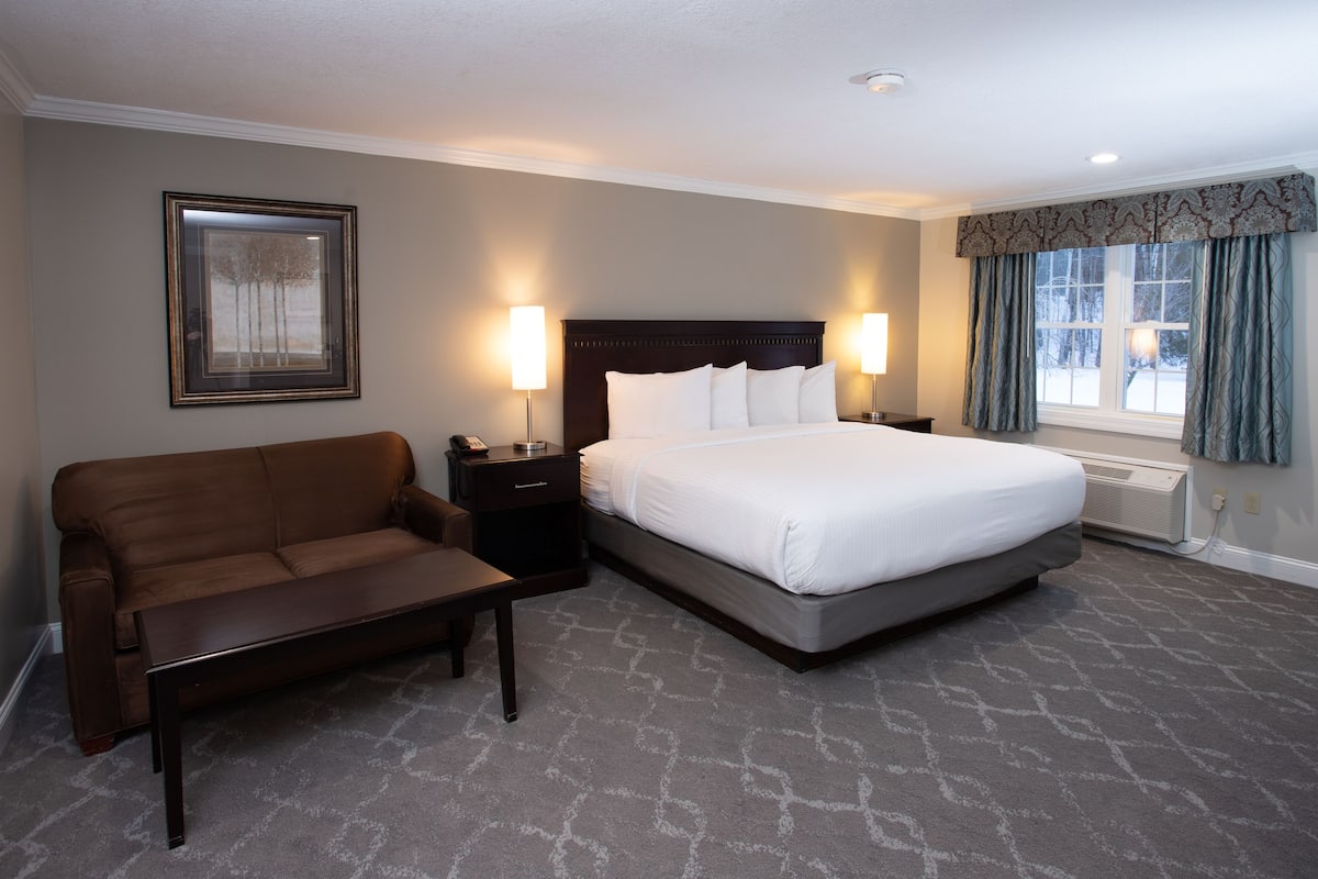 Quarto de hotel com cama, sofá, mesa de cabeceira, abajur, quadro emoldurado e janela com cortinas.