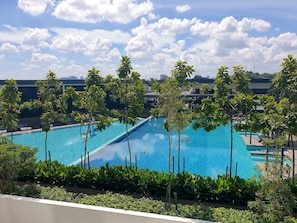 Uma piscina retangular com água azul cristalina, rodeada por plantas e árvores verdes e exuberantes.