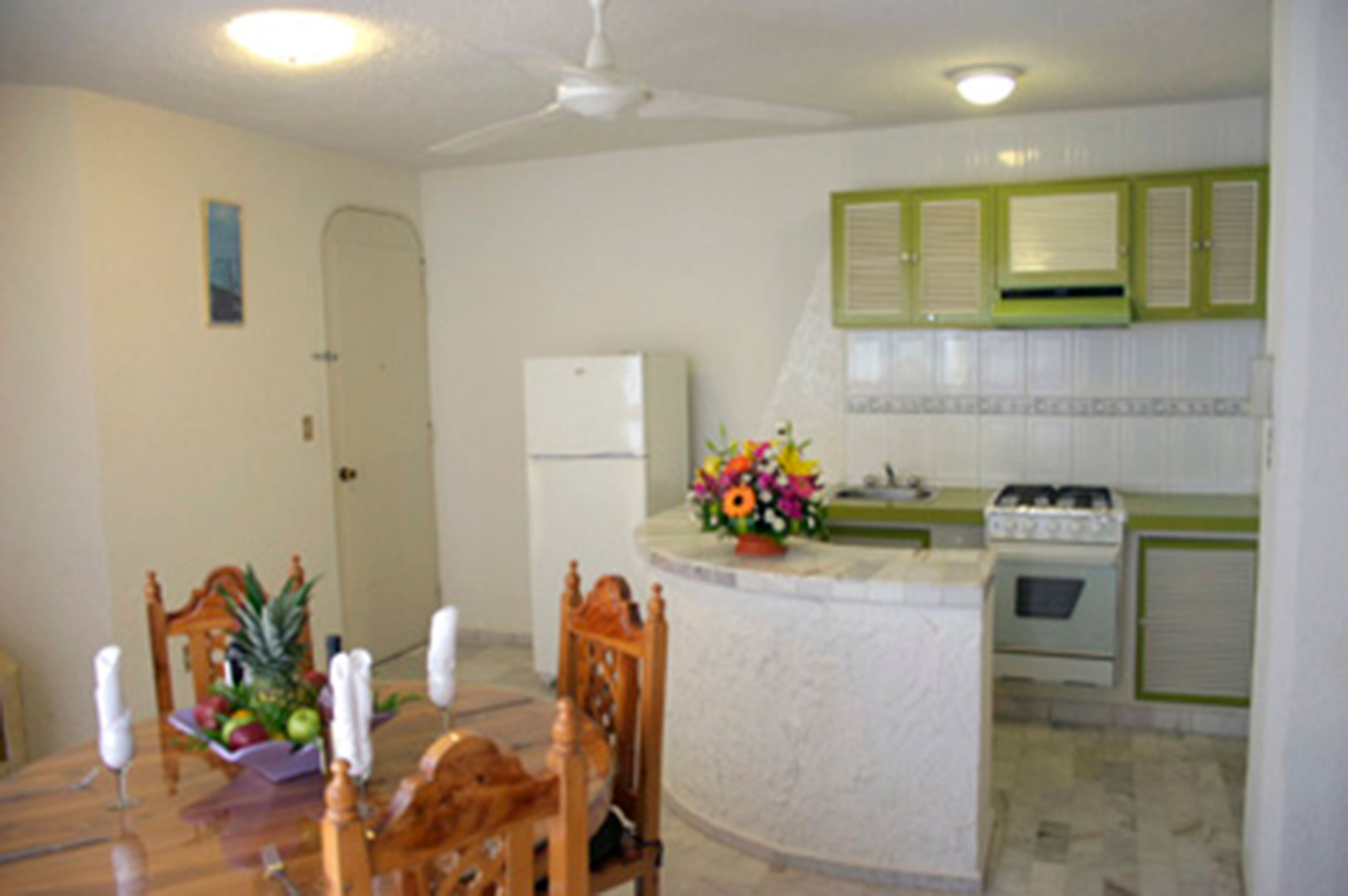 Cozinha compacta com geladeira, fogão e armários verdes.