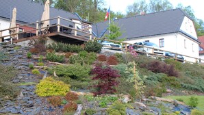 Um jardim em encosta com diversas plantas e uma ponte de madeira.
