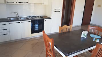 Um frigorífico/congelador grande, um forno, uma placa de cozinha