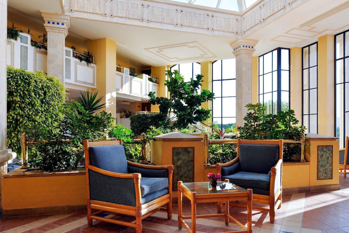 Um hall espaçoso com pé direito alto, grandes janelas e diversos vasos de plantas.