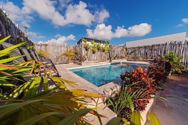 Piscina externa, funciona das 8h às 20h, guarda-sóis, espreguiçadeiras