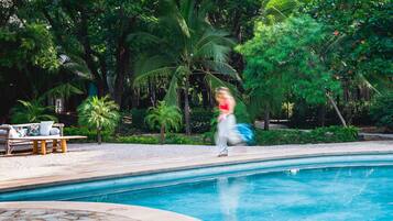 Piscina com deck revestido, rodeada por vegetação exuberante e palmeiras.