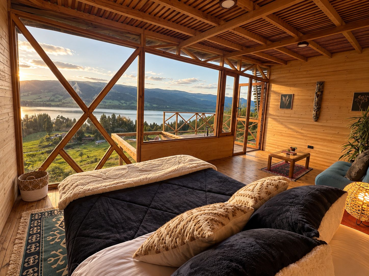 Quarto com uma cama grande, vista para um lago e montanhas, vigas de madeira e uma pequena mesa.
