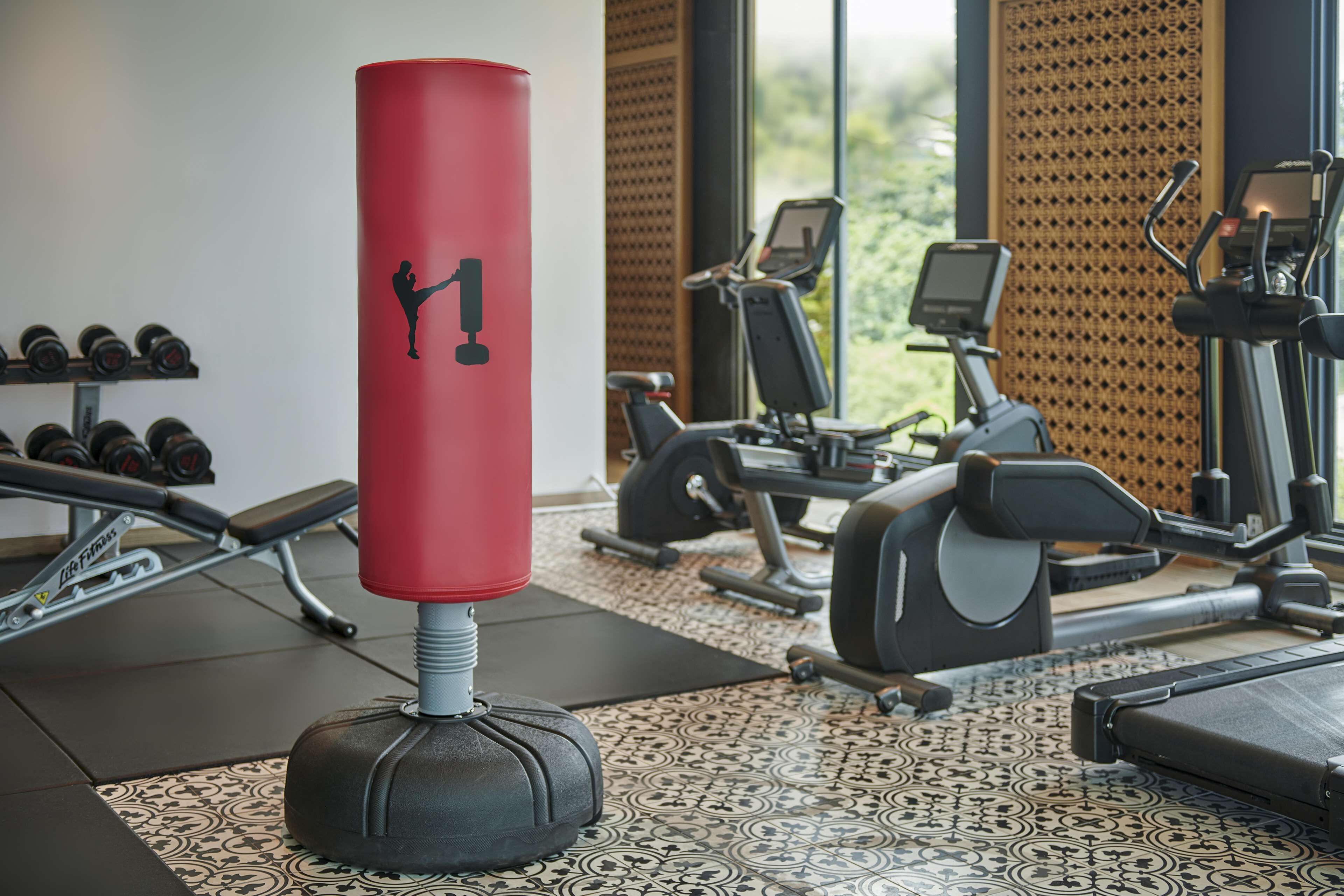 Uma academia com equipamentos de exercícios, um saco de pancadas e uma janela com vista para árvores.