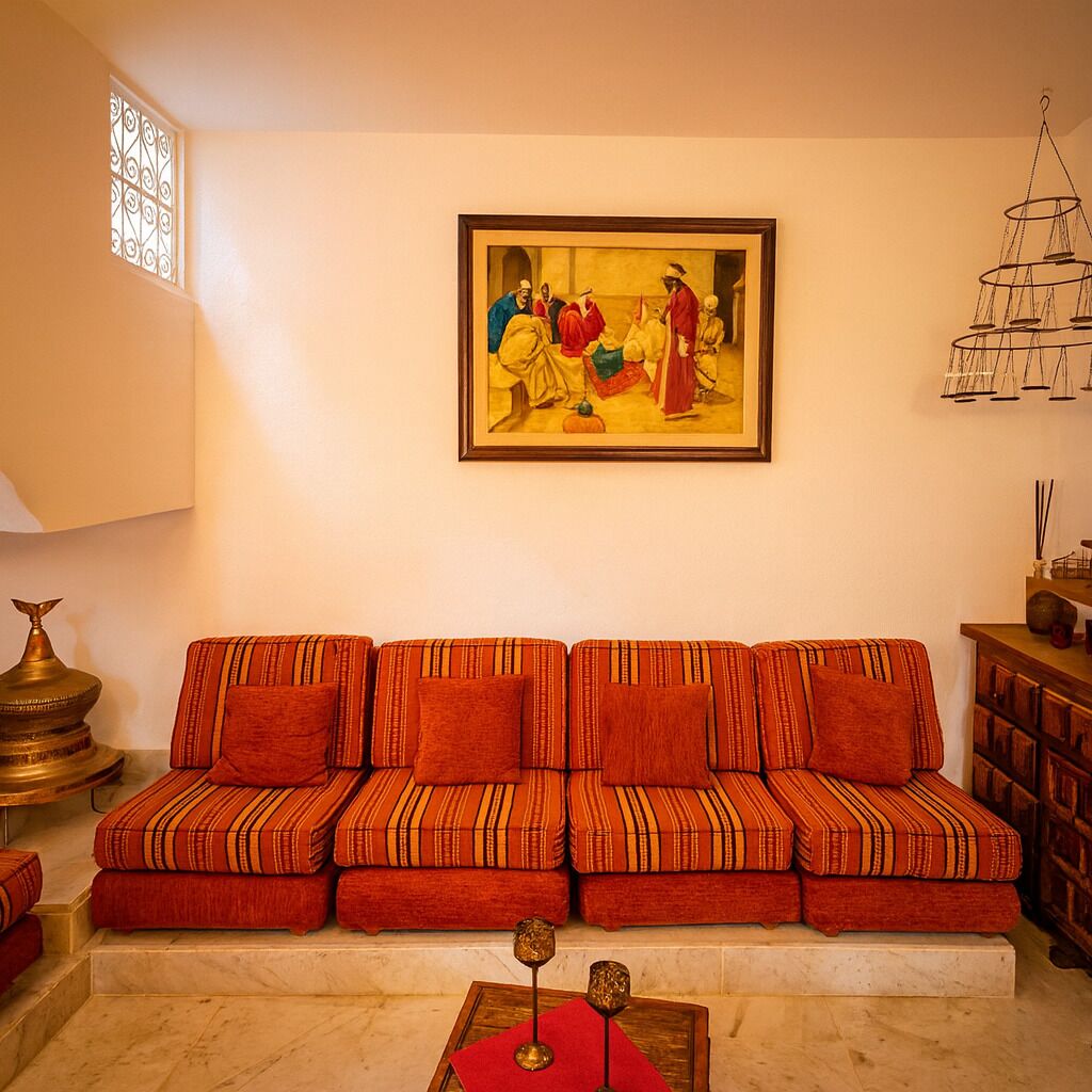 Uma sala de estar com sofá, um quadro, um abajur decorativo e uma mesinha.