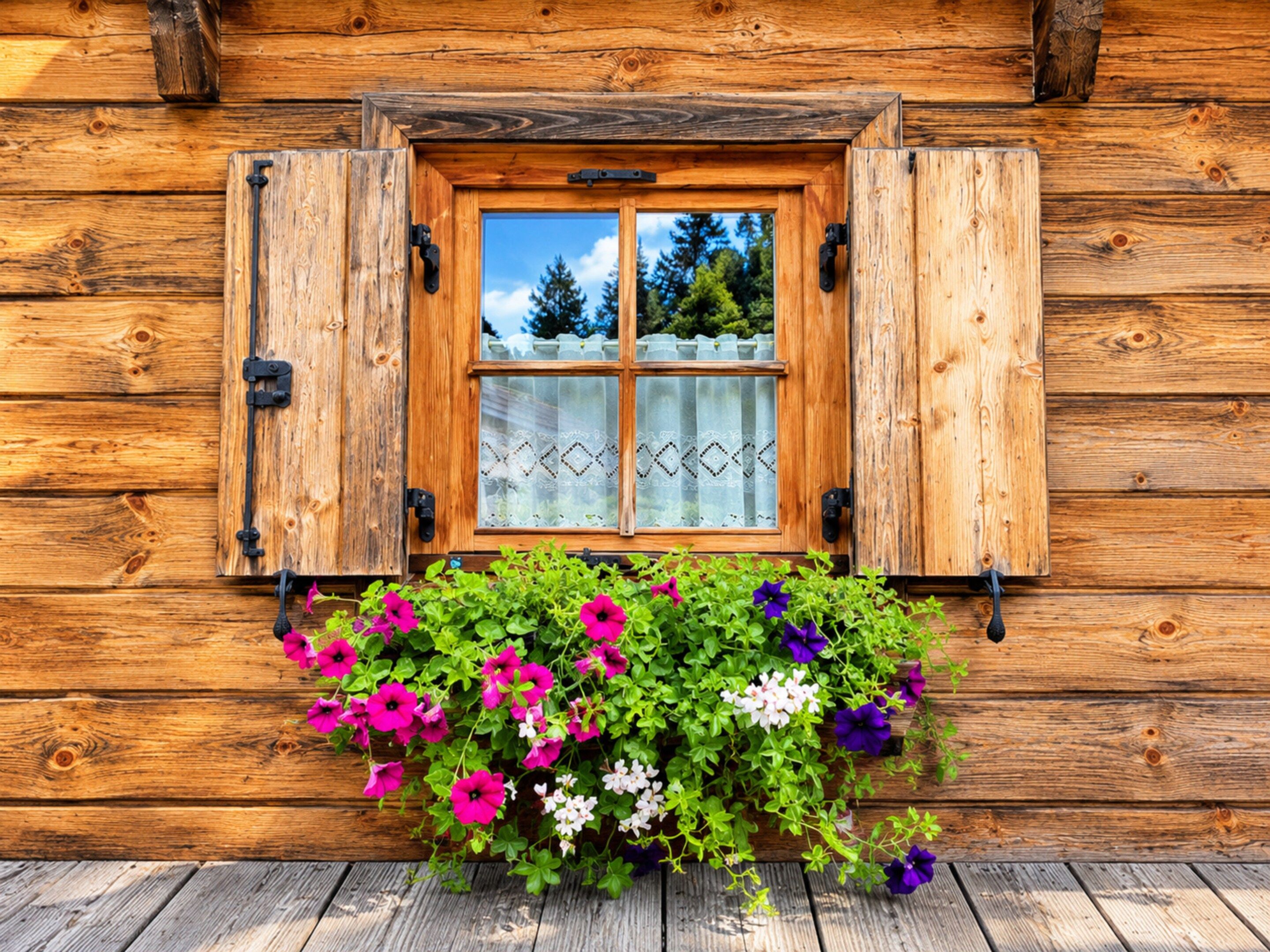 Uma cabana de madeira com janela, cortina decorativa e floreira com diversas flores.