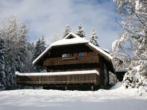 Um chalé de madeira com telhado inclinado, cercado por árvores cobertas de neve.