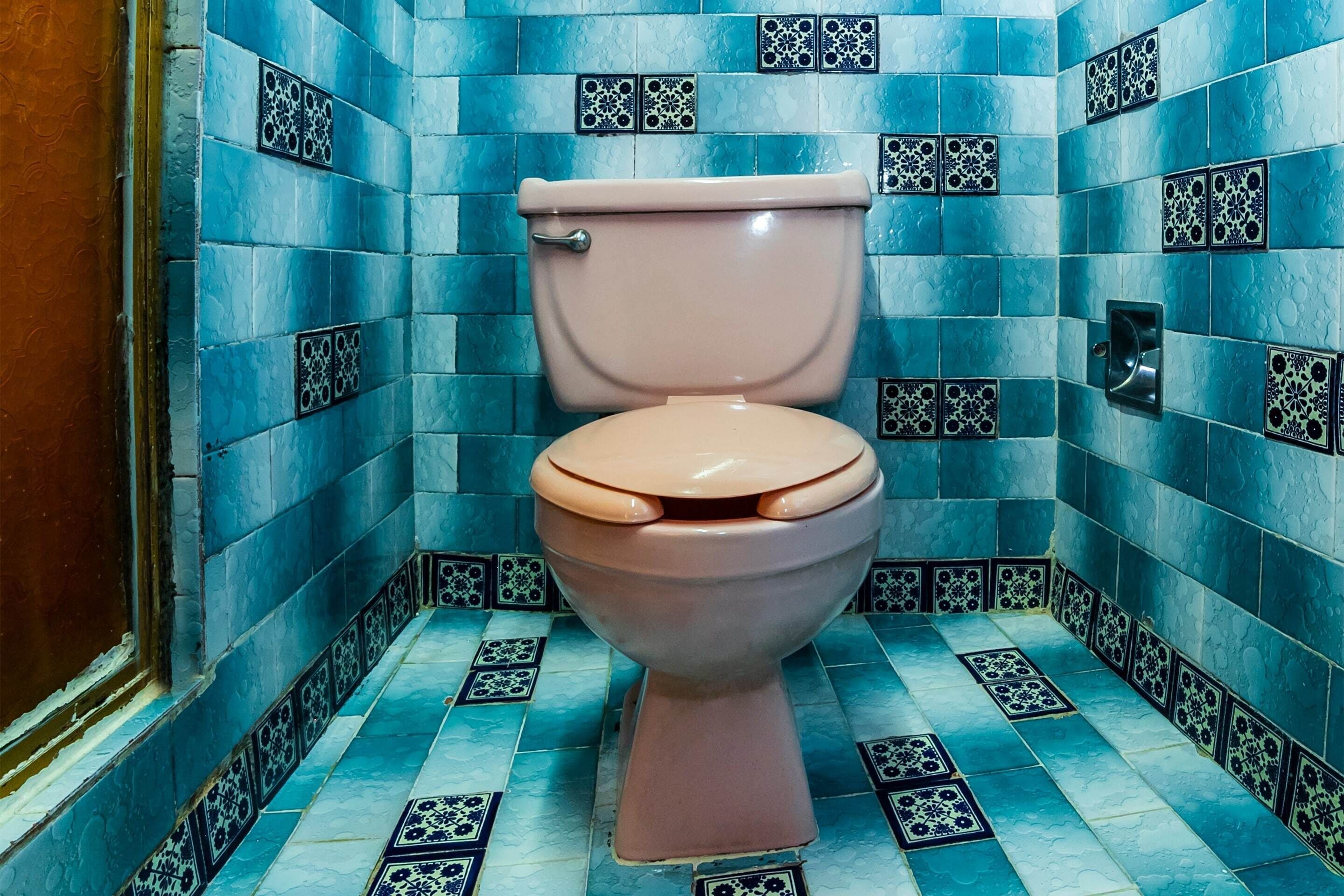 Um banheiro com vaso sanitário, azulejos estampados em azul e piso revestido.