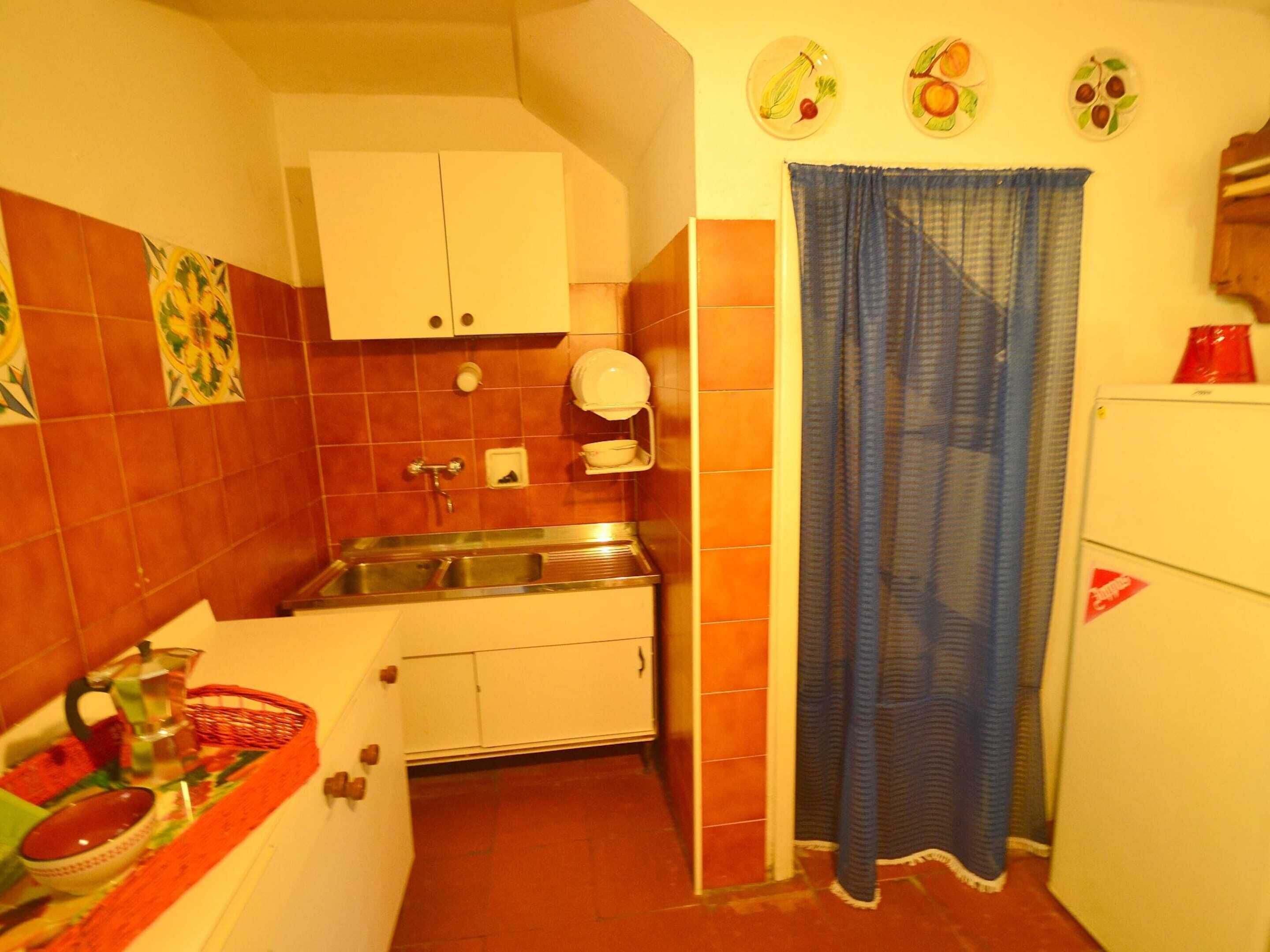 Uma cozinha compacta com pia, armários e geladeira.