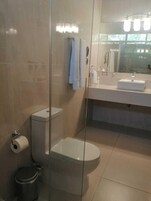 Chuveiro, secador de cabelo, toalhas de banho, sabonete