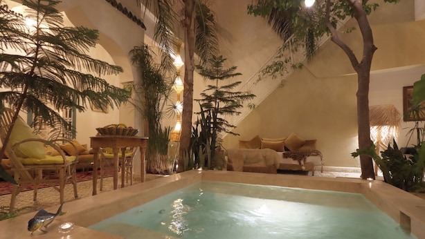 Piscina interna com área de estar, rodeada por plantas tropicais e teto alto.
