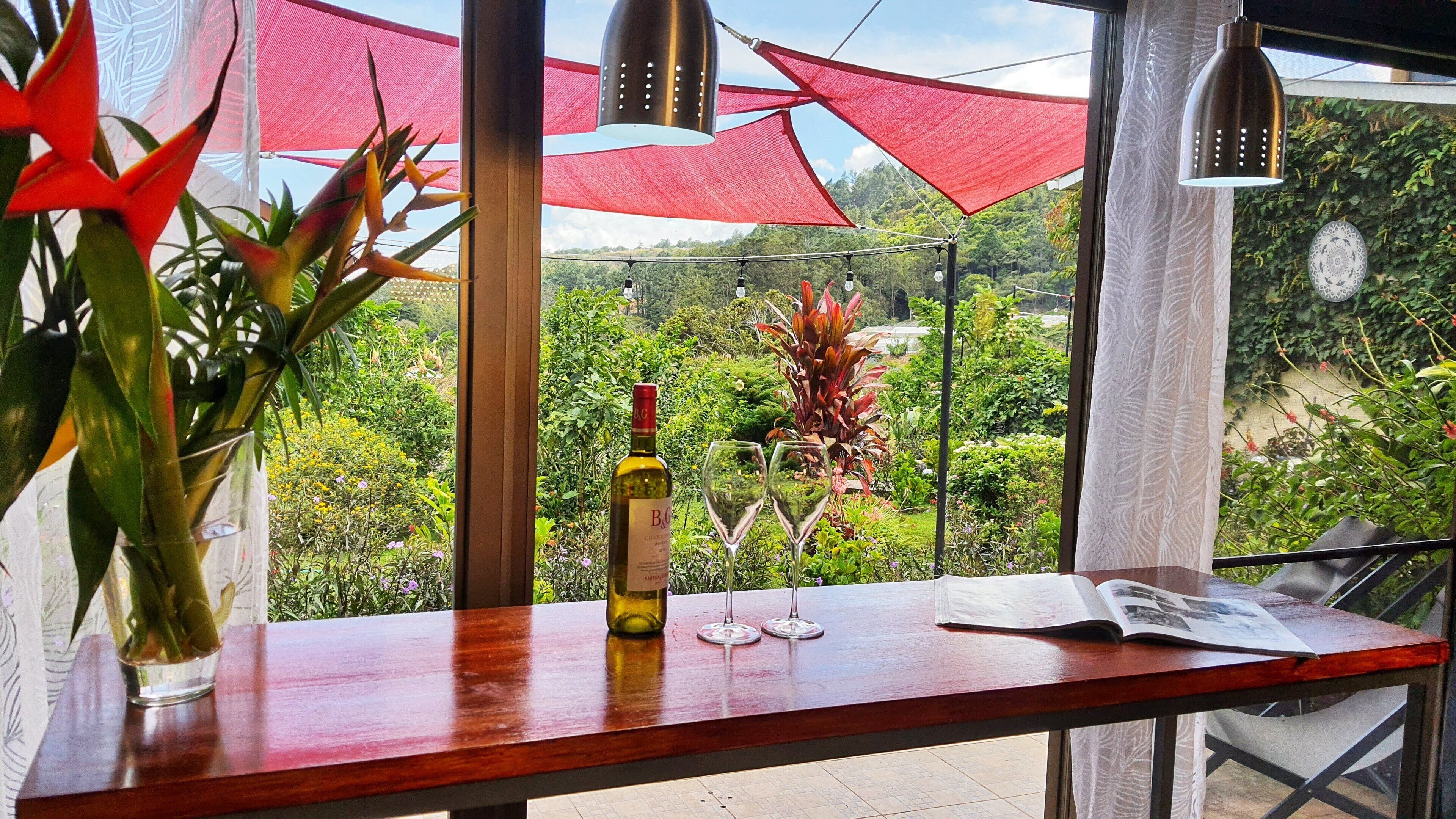Mesa de madeira com uma garrafa de vinho e duas taças, uma planta decorativa e vista de um jardim exuberante através de uma janela com cortinas vermelhas.