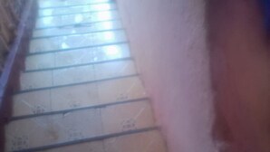 Uma escadaria com corrimão e azulejos estampados.