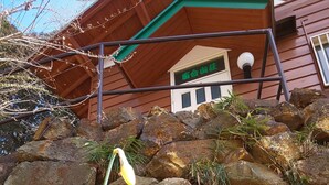 Um muro de pedra com narcisos amarelos em primeiro plano e um edifício com telhado verde ao fundo.