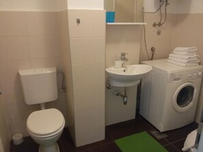 Apartamento, 1 quarto | Casa de banho | Toalhas fornecidas, sabão, papel higiénico 