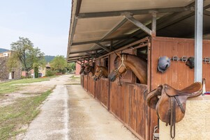 Um estábulo com baias de madeira e equipamentos de equitação.