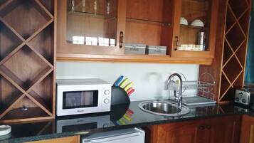 Cozinha com armários de madeira, micro-ondas, pia e torradeira.