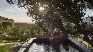 Piscina com borda de pedra, rodeada por pedras e vegetação, com vista para um edifício ao fundo.