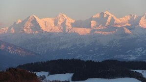 Uma cordilheira com picos cobertos de neve e um vale arborizado.