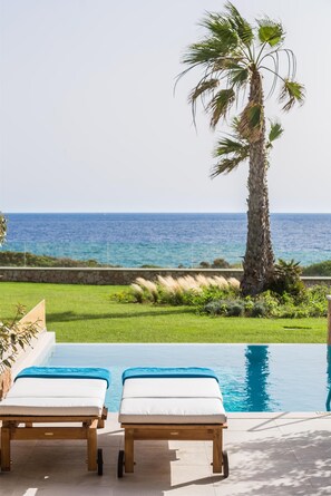 Área de piscina com duas espreguiçadeiras, uma palmeira e vista para o oceano.