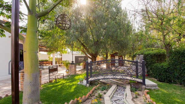 Um jardim com portão de metal, uma árvore e um caminho.