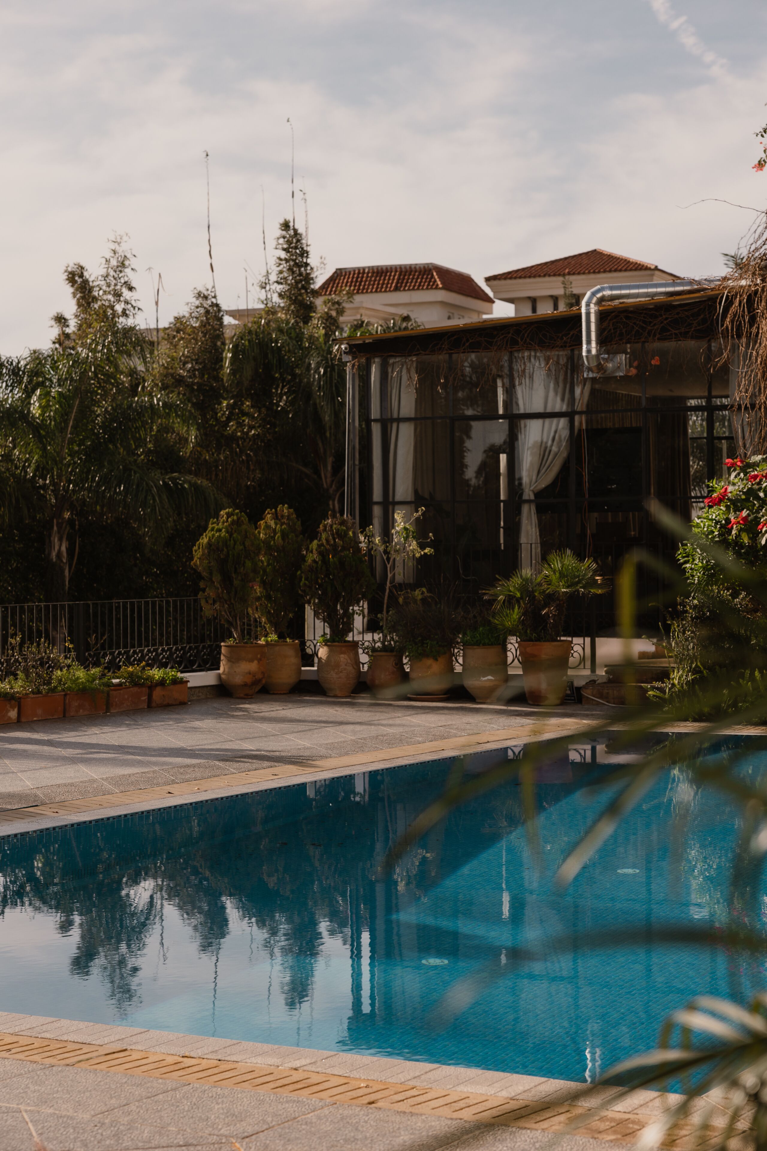 Piscina com deck ladrilhado, cercada por vasos de plantas e árvores.