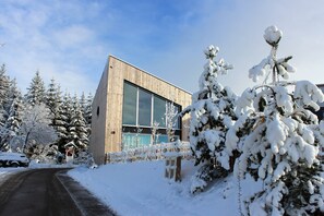 Um edifício moderno com grandes janelas, rodeado por árvores cobertas de neve e um céu limpo.