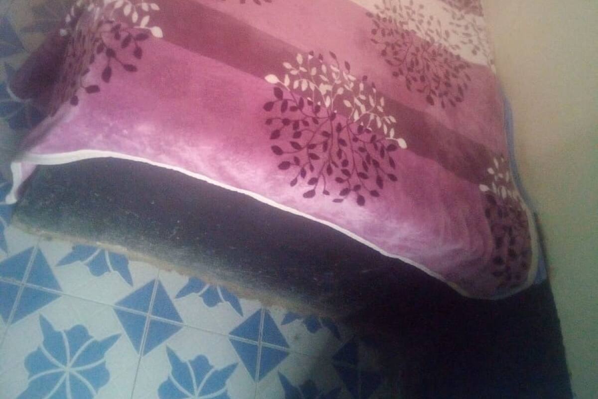 Uma cama com um edredom estampado e um chão com piso de azulejos azuis e brancos.
