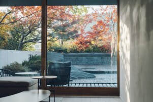 Um interior moderno com uma grande janela com vista para um jardim com folhagem outonal.