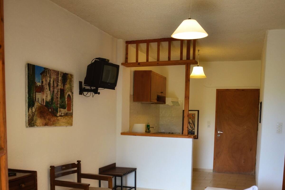 Quarto de hotel com duas camas, uma mesa, uma cadeira, uma televisão e um quadro na parede.