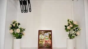 Uma prateleira branca com dois vasos brancos de rosas brancas e um anúncio emoldurado.
