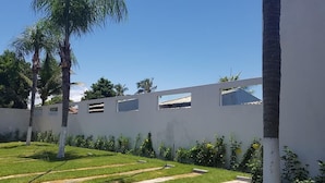 Um jardim com parede branca, palmeiras e céu claro.