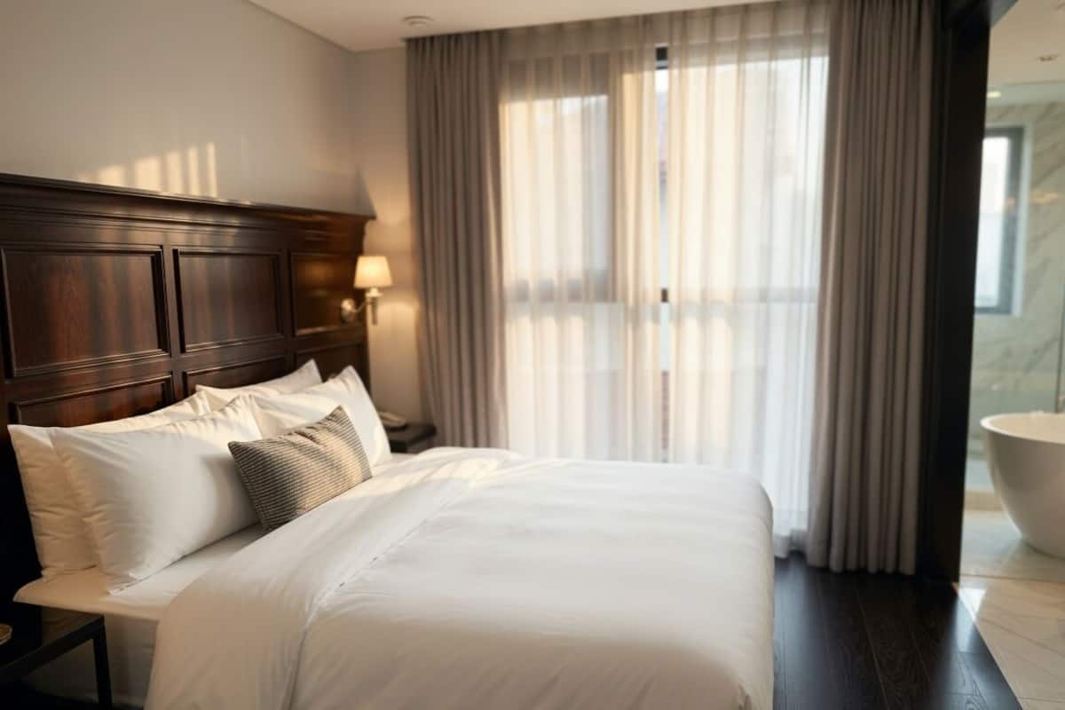 Quarto casal luxo | Roupas de cama antialérgicas, edredons de pluma, cortinas blackout