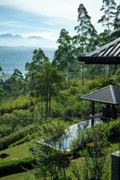 Um jardim exuberante com piscina e um coreto com vista para uma paisagem montanhosa.
