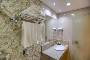 Chuveiro, secador de cabelo, toalhas de banho, papel higiênico