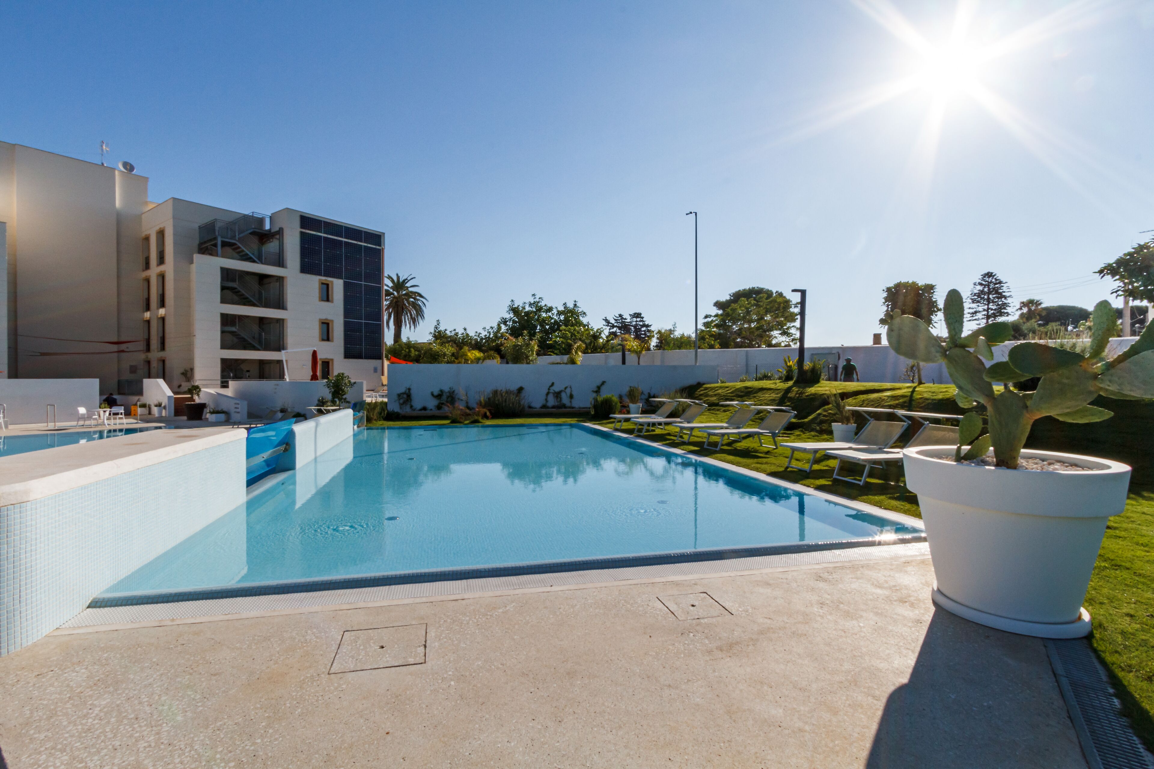 Piscina com espreguiçadeiras e um vaso de planta.
