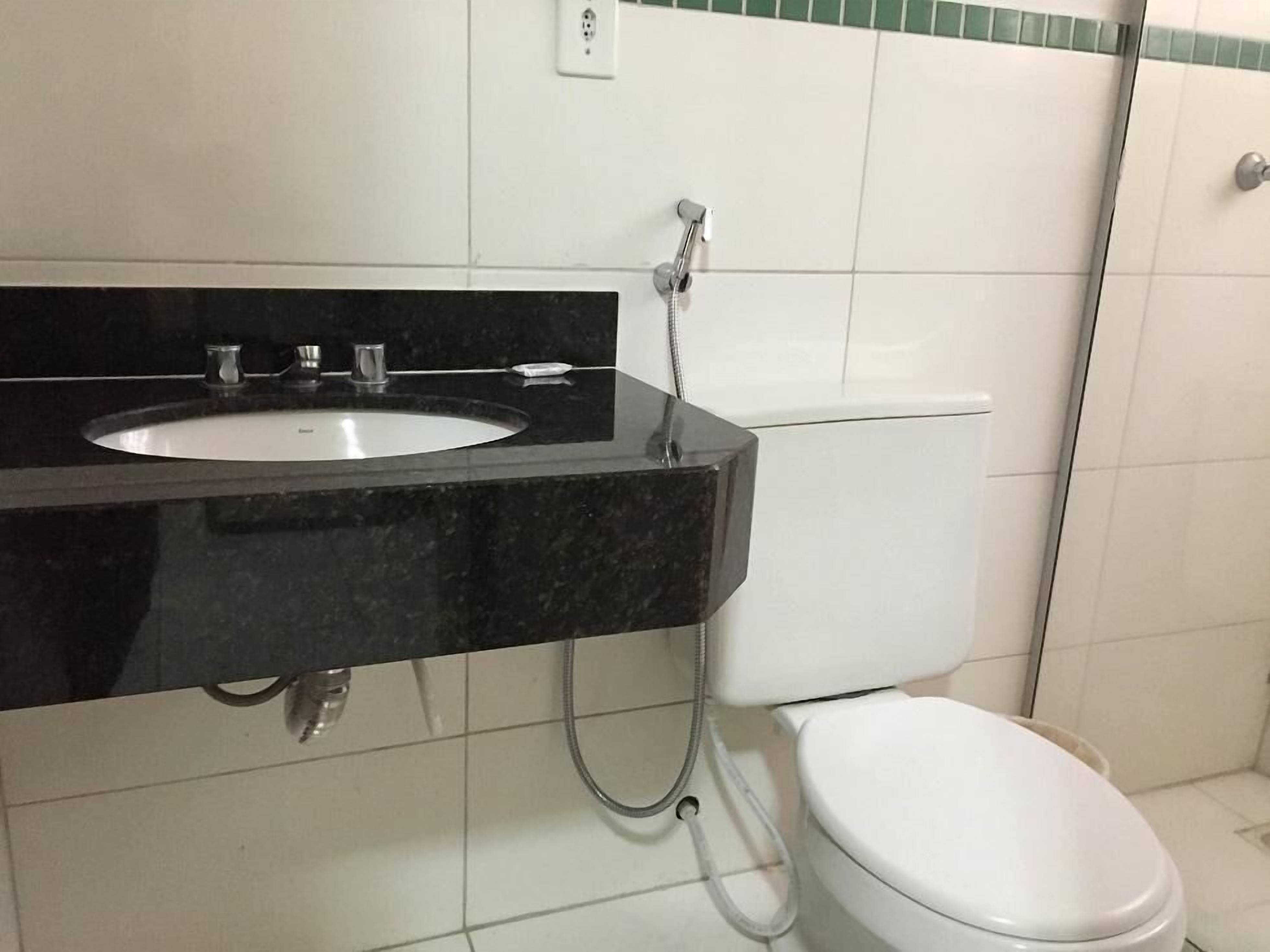 Casa de banho com lavatório de bancada preta, sanita branca e chuveiro.